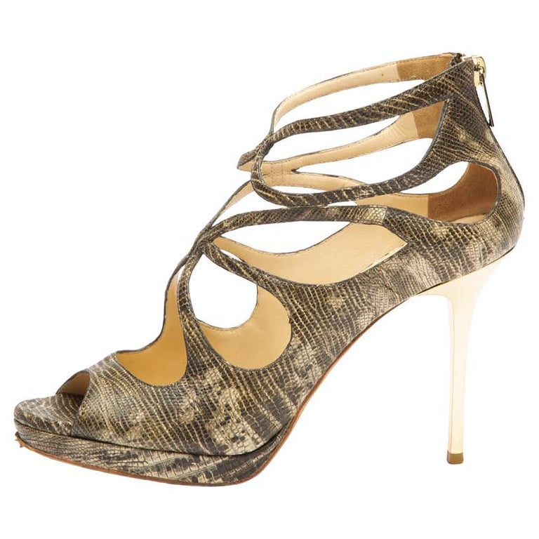 Pre-Loved Jimmy Choo Women's Exotic Print Sandals Brown Python Leather For Sale at 1stDibs