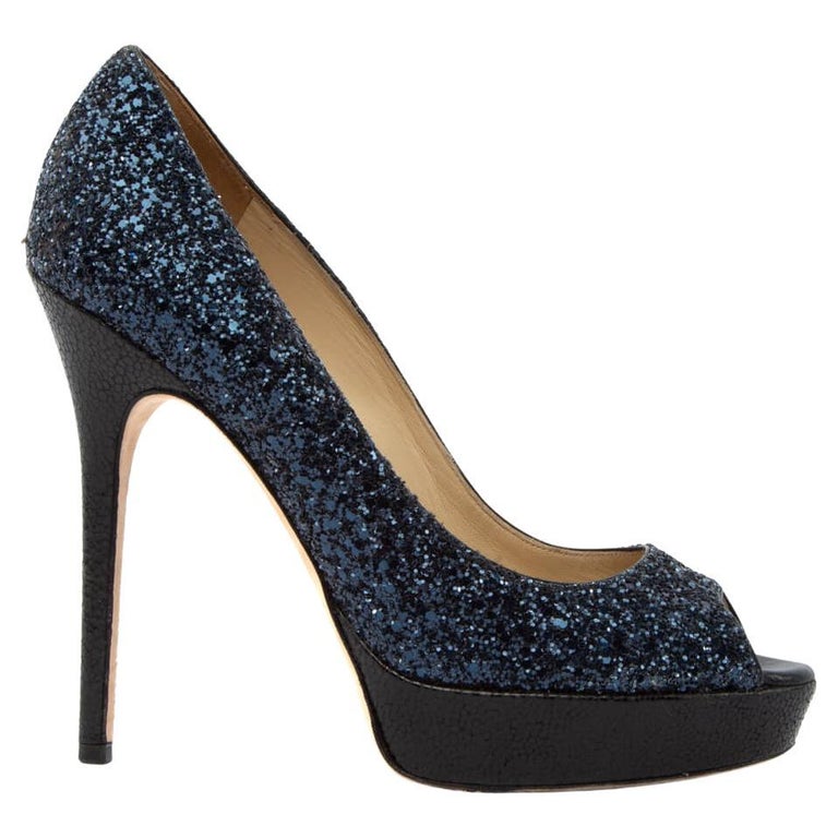 Pre-Loved Jimmy Choo Women's Navy Peep Toe Glitter Pumps For Sale at ...
