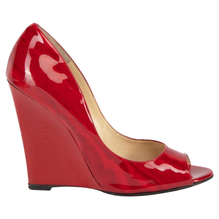 Pre-Loved Jimmy Choo Women's Red Patent Leather Peep Toe Wedge Heel For ...