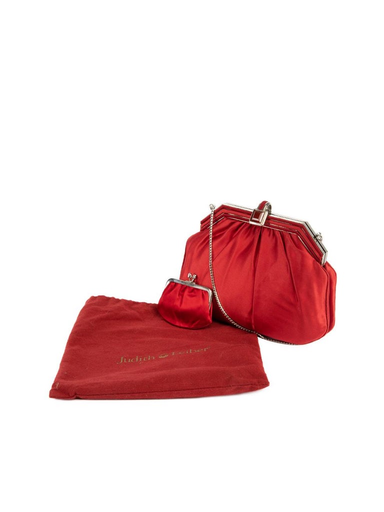 Pre-Loved Judith Leiber Women's Red Satin Clutch Bag For Sale at 1stDibs