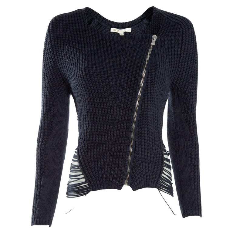 Pre-Loved Maje Women's Maje Navy Knit Biker Jacket For Sale at 1stDibs