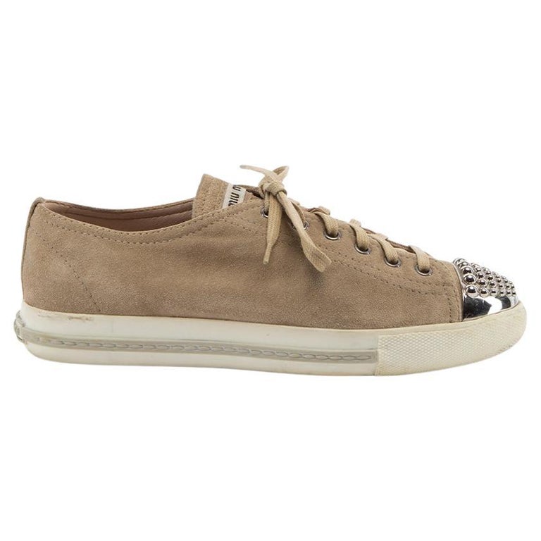 Pre-Loved Miu Miu Women's Brown Suede Silver Studded Toe Cap Trainers ...