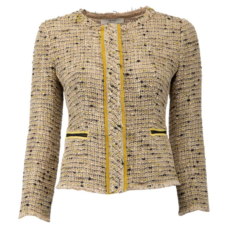 Pre-Loved Prada Women's Yellow Tweed Jacket with Mustard Trim For Sale ...
