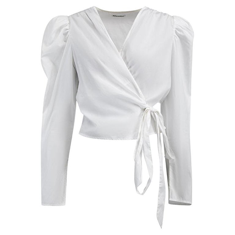 Pre-Loved Reformation Women's White Wrap Cropped Blouse For Sale at 1stDibs