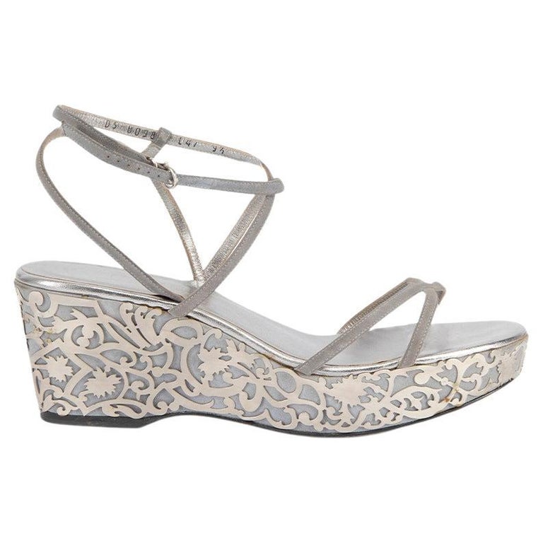 Pre-Loved Salvatore Ferragamo Women's Silver Floral Metal Accent Wedge ...