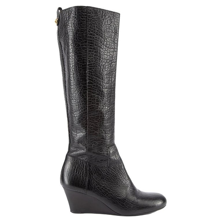 Pre-Loved Tory Burch Women's Black Leather Knee High Wedge Boots For ...