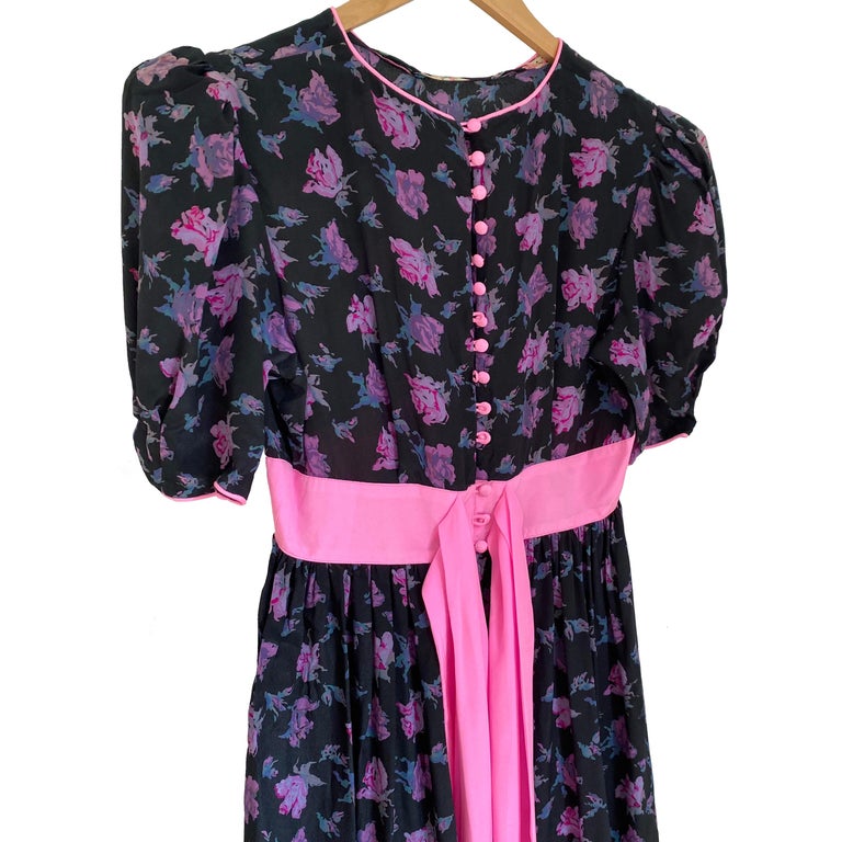 Pre-washed rosebud print black silk crepe FLORA KUNG princess dress For ...