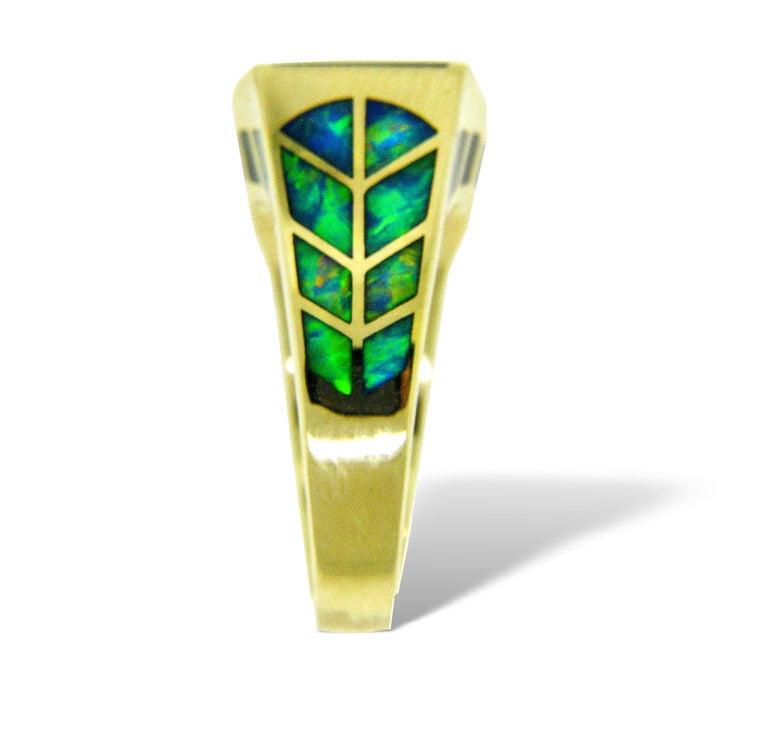 Precious Australian Opal Inlay "Hawk Feather" 14 Karat Gold Signet Ring ...