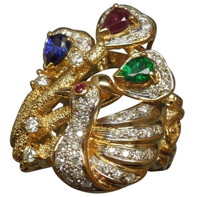 Precious Gemstone Gold Peacock Statement Ring For Sale at 1stDibs
