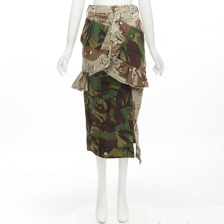 PREEN mixed green khaki camo patchwork ruffled deconstructed cargo skirt XS For Sale at 1stDibs
