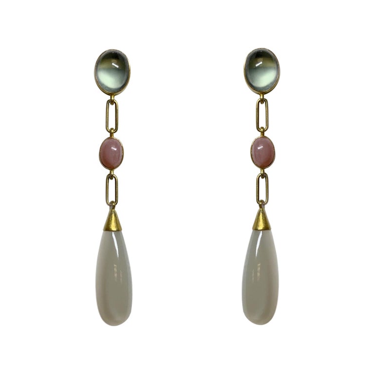 Prehnite, Pink Opal, and Moonstone Drop Earrings, 18 Karat Gold, A2 by ...
