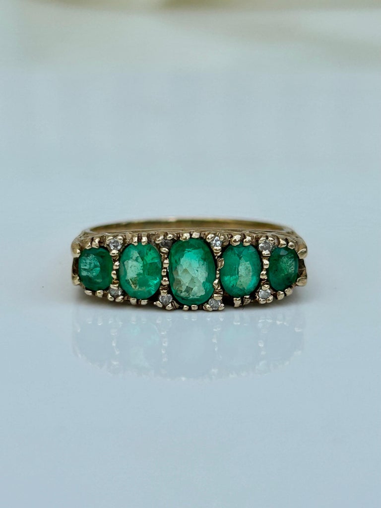 PreLoved Yellow Gold Emerald and Diamond 5 Stone Ring For Sale at 1stDibs
