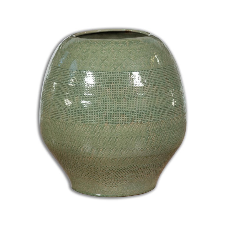 Prem Collection Green Glazed Ceramic Artisan Vase with Geometric Décor For Sale at 1stDibs