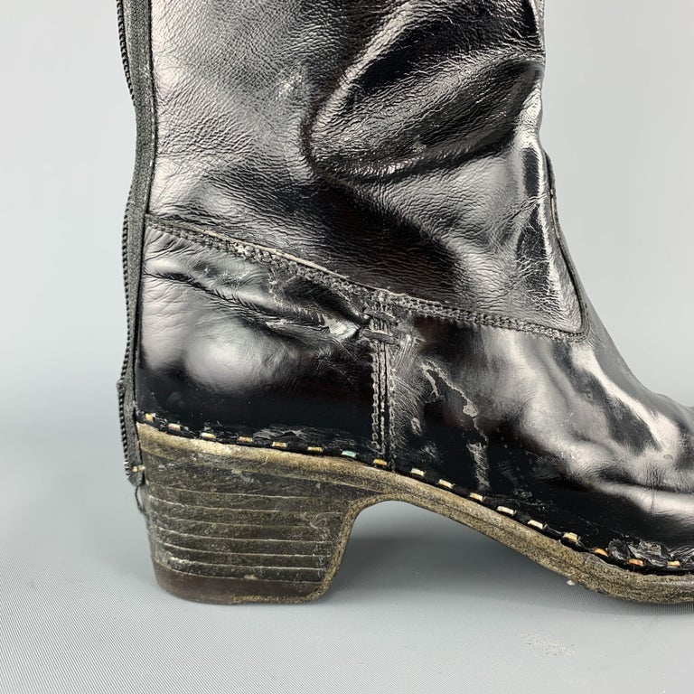 PREMIATA Size 8 Black Patent Leather Stacked Heel Boots For Sale at 1stDibs