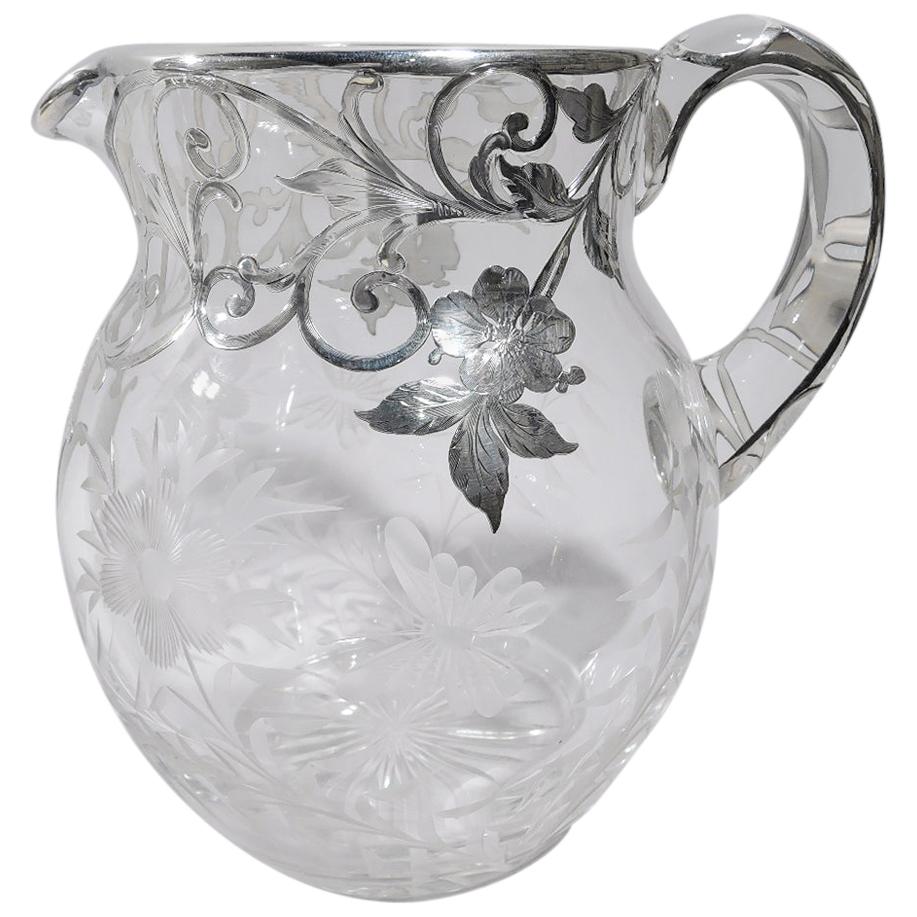 Pretty American Art Nouveau Silver Overlay Water Pitcher For Sale at ...