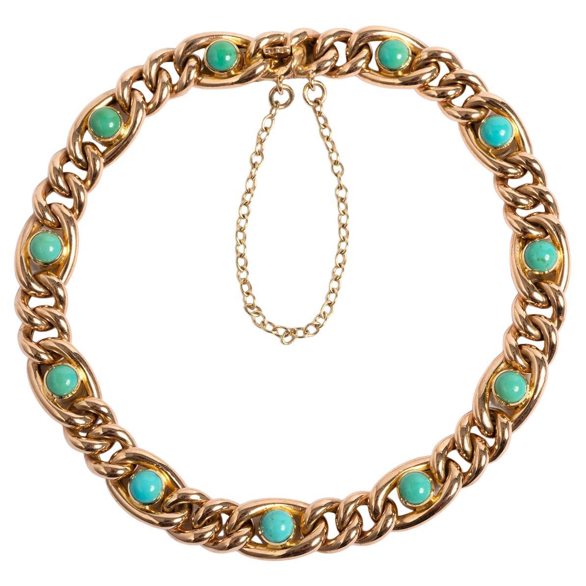 Antique 9k gold curb bracelet, Turquoise and Pearl leaves, Edwardian ...