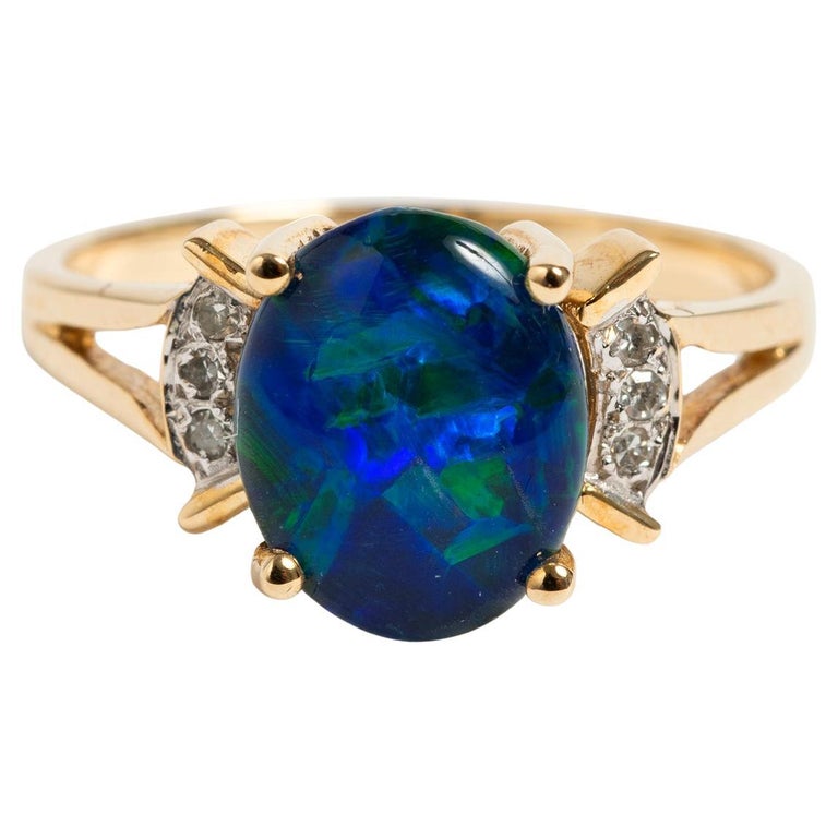 Pretty Blue Opal Diamond Ring, 9K Yellow Gold For Sale at 1stDibs