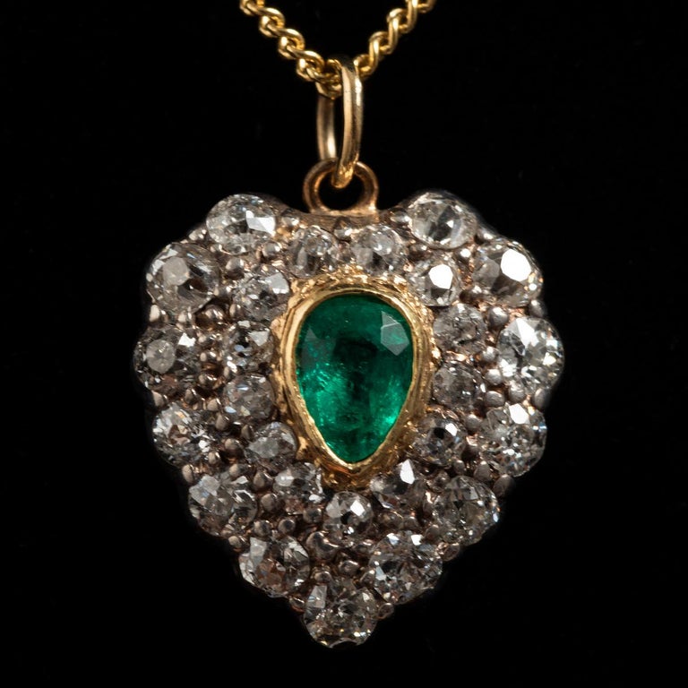 Pretty Emerald and Diamond Heart Pendant, 18K Yellow Gold For Sale at ...