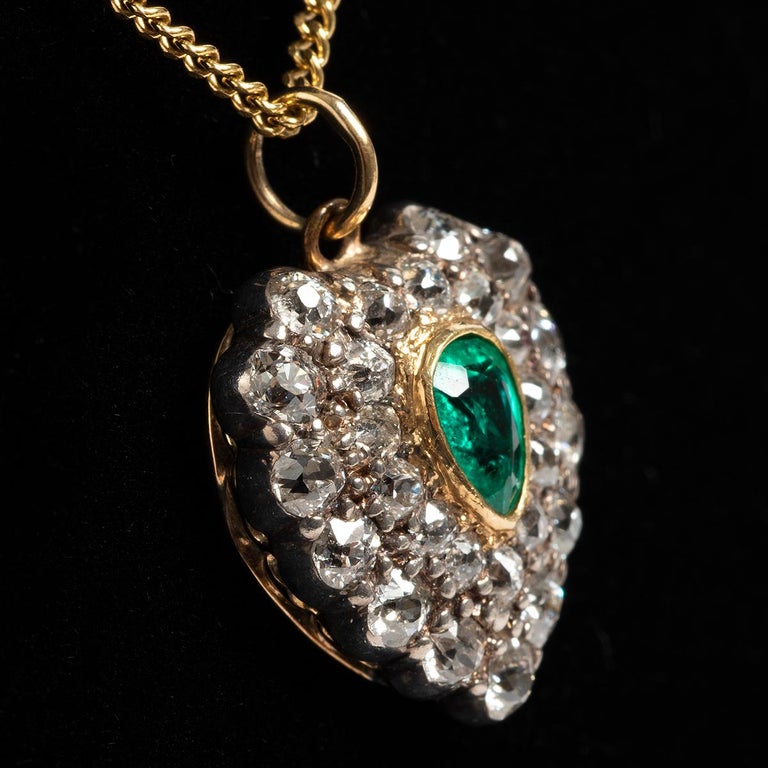 Pretty Emerald and Diamond Heart Pendant, 18K Yellow Gold For Sale at ...