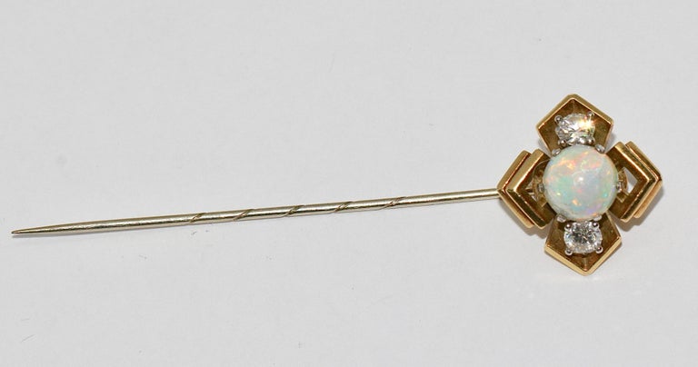Pretty Gold Pin with Opal and Two Diamond Solitaires For Sale at 1stDibs