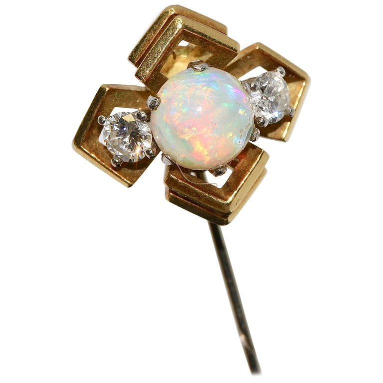 Pretty Gold Pin with Opal and Two Diamond Solitaires For Sale at 1stDibs