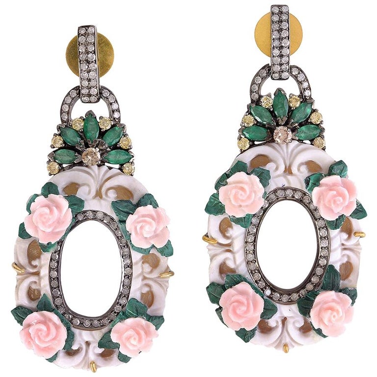 Pretty Pink Flower Carved Cameo with Emerald and Diamonds at 1stDibs