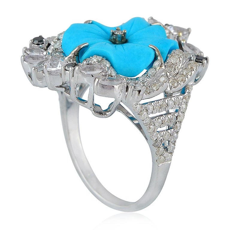 Pretty Turquoise Flower Ring with Diamonds and White Sapphire around in ...