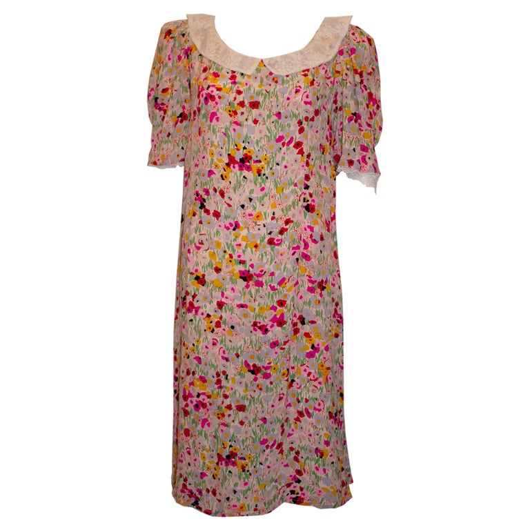 Pretty Vintage Print Dress with Lace Trim at 1stDibs