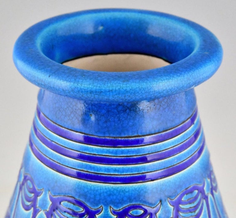 Primavera Longwy Art Deco Ceramic Vase in Blue For Sale at 1stDibs