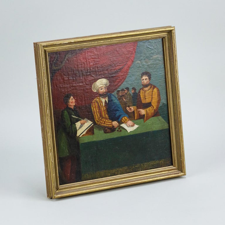 Primitive 19th Century Oil Painting of Vineyard Owner Paying His ...