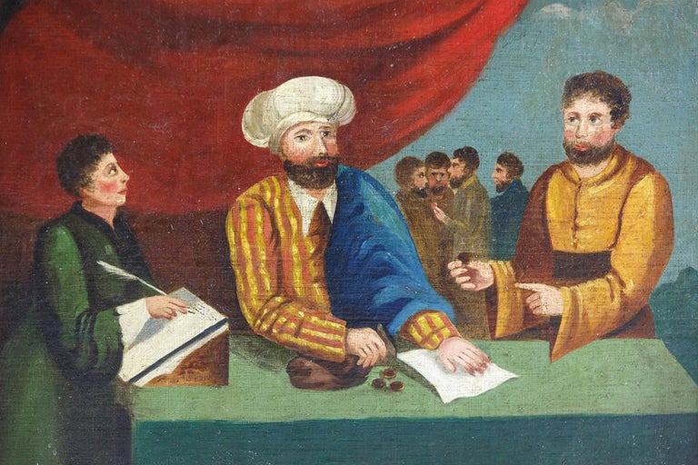 Primitive 19th Century Oil Painting of Vineyard Owner Paying His ...