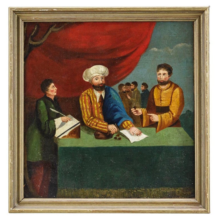 Primitive 19th Century Oil Painting of Vineyard Owner Paying His ...