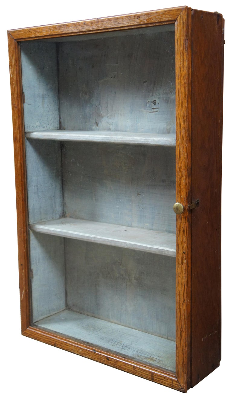 Primitive Antique American Oak Wall Hanging Curio Display Case Cabinet ...