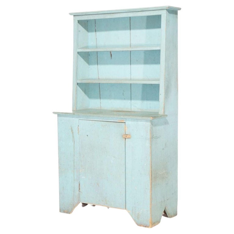 Primitive Blue Painted Soft-Wood Step Back Cupboard 20th Century For ...