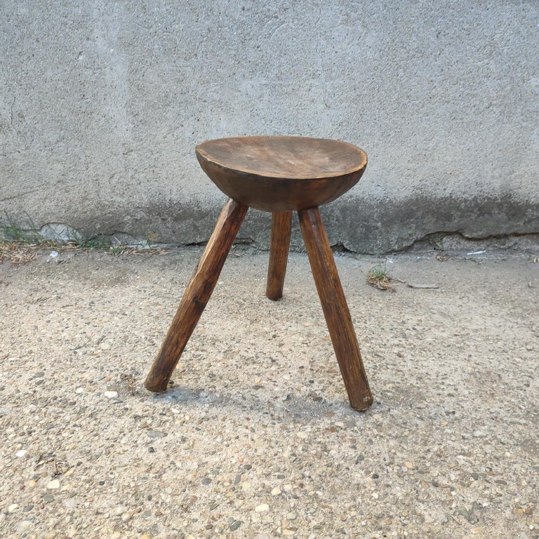 Primitive Carved Wood Milking Stool, Tripod Chair, Early 20th Century ...