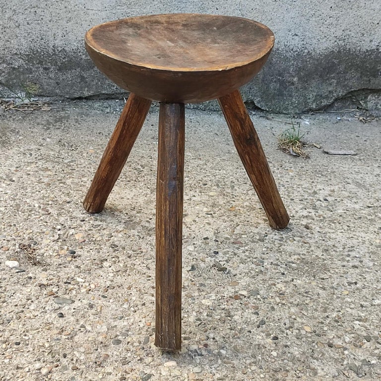 Primitive Carved Wood Milking Stool, Tripod Chair, Early 20th Century ...