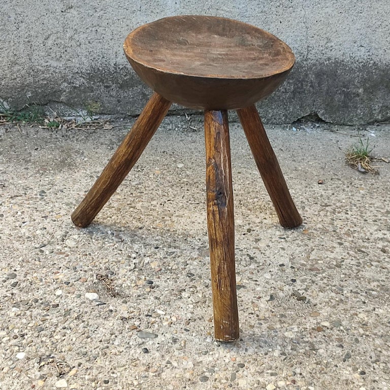 Primitive Carved Wood Milking Stool, Tripod Chair, Early 20th Century ...