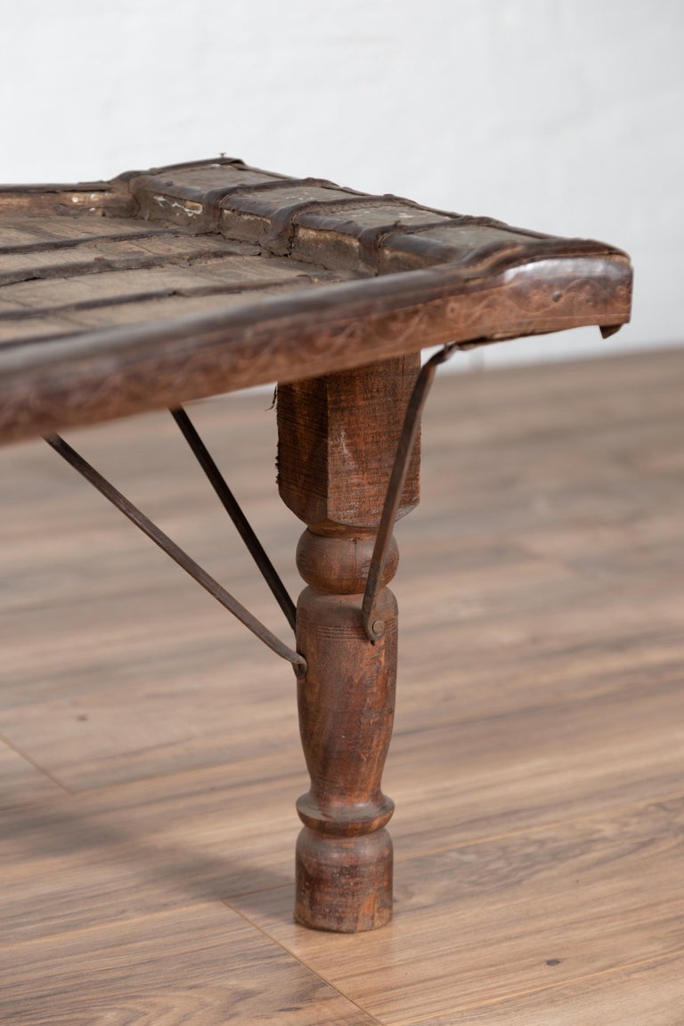Indian Bullock Cart Coffee Table with Metal Braces and Turned Legs For ...