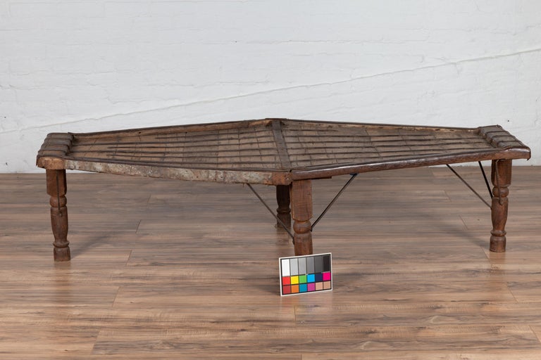 Indian Bullock Cart Coffee Table with Metal Braces and Turned Legs For ...