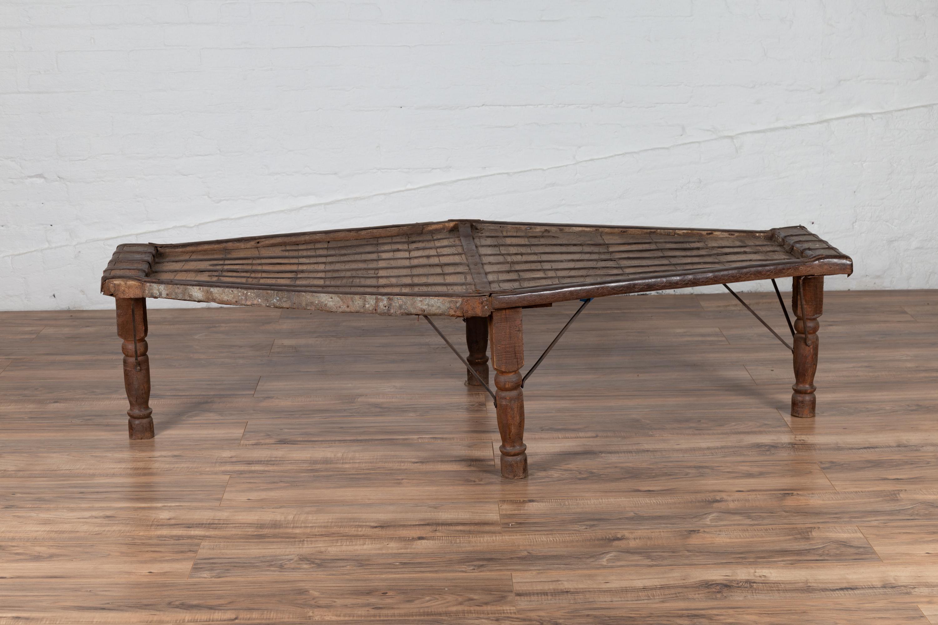 Indian Bullock Cart Coffee Table with Metal Braces and Turned Legs at ...