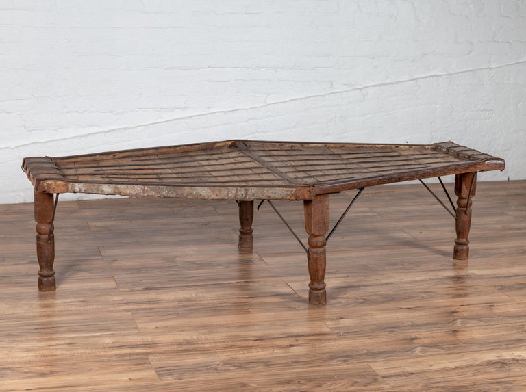Indian Bullock Cart Coffee Table with Metal Braces and Turned Legs For ...
