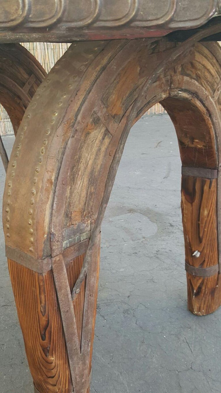 Primitive Polygonal Indian Bullock Ox Cart Dining Table Metal Braces ...