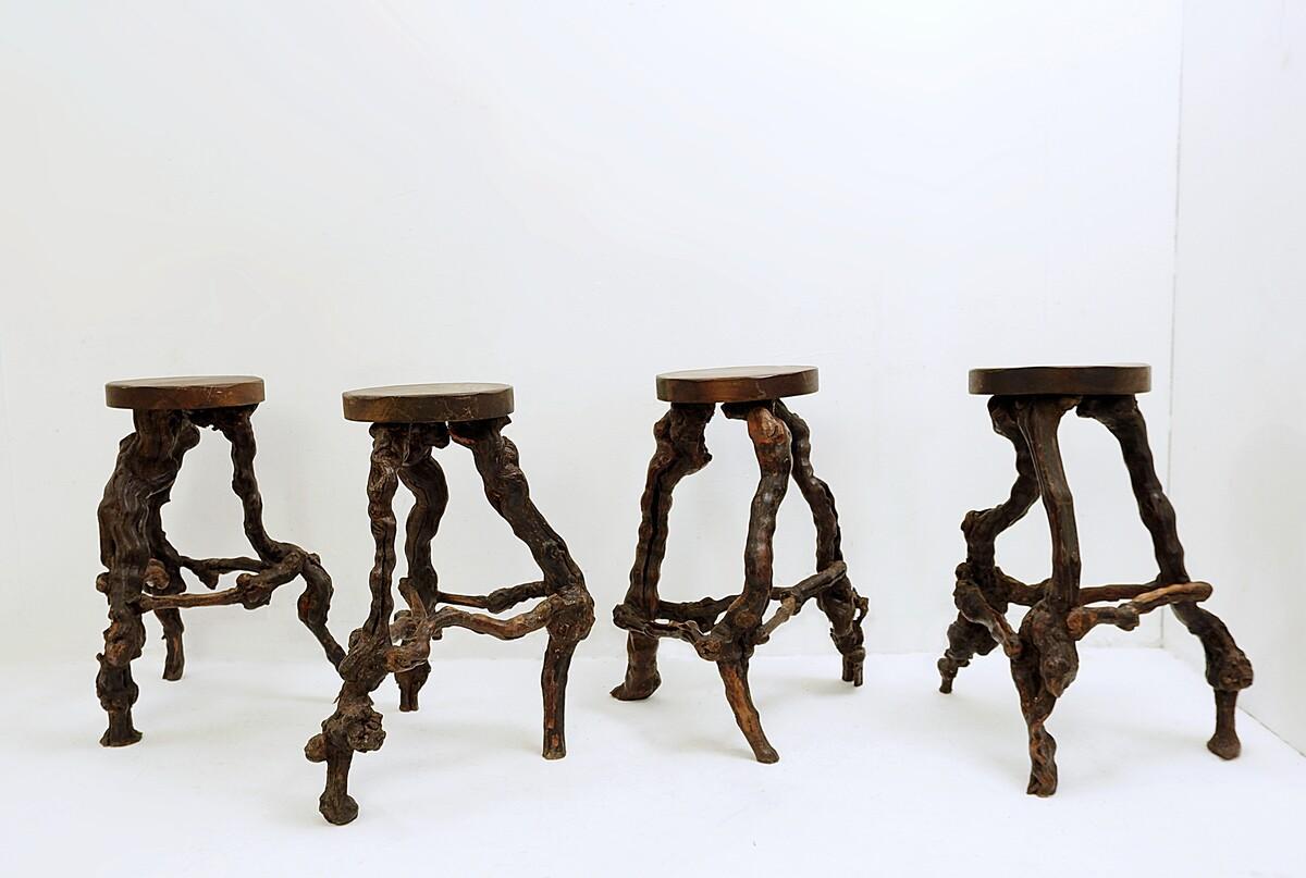 Primitive Stools with Round Slab Seat and Legs Constructed from Vines ...