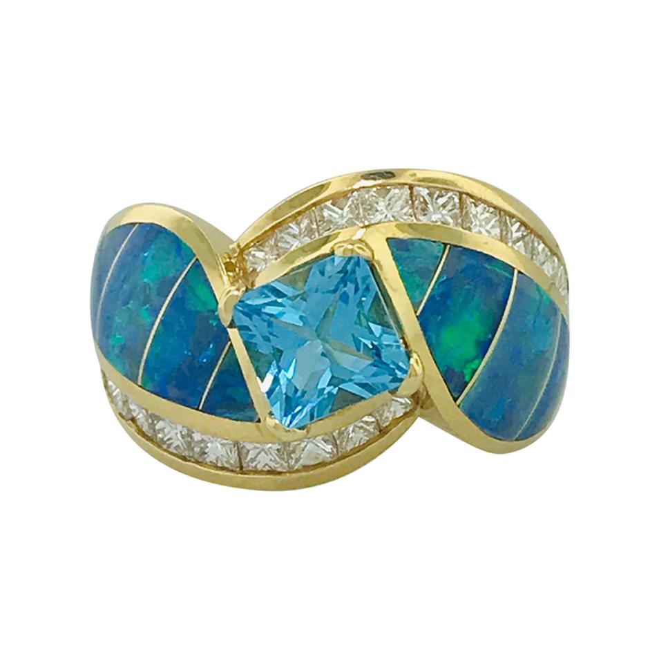 Princess Blue Topaz and Opal Inlay Mele Ring with .10 Carat Diamond ...