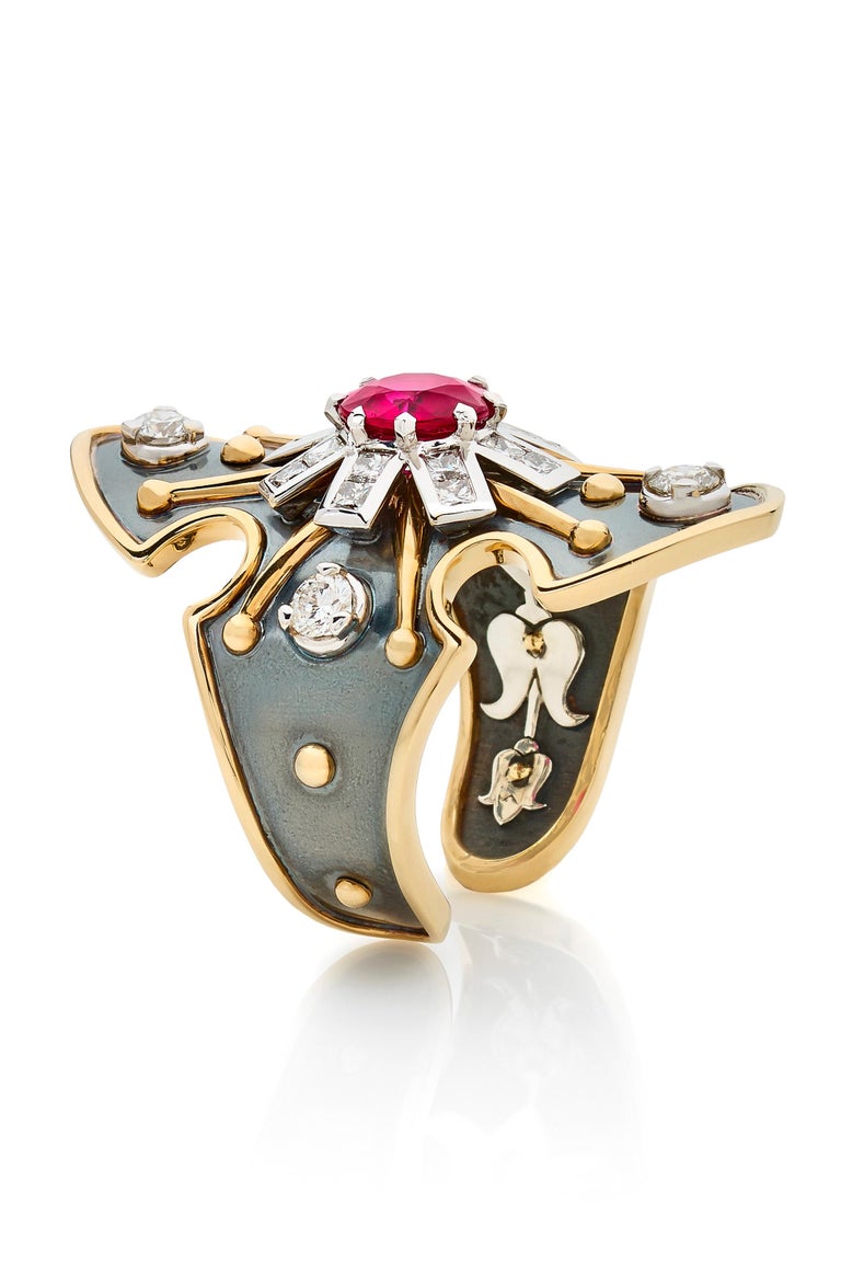 Princess Burmese Ruby and Diamonds Bouclier Ring 18k Gold by Elie Top For Sale at 1stDibs