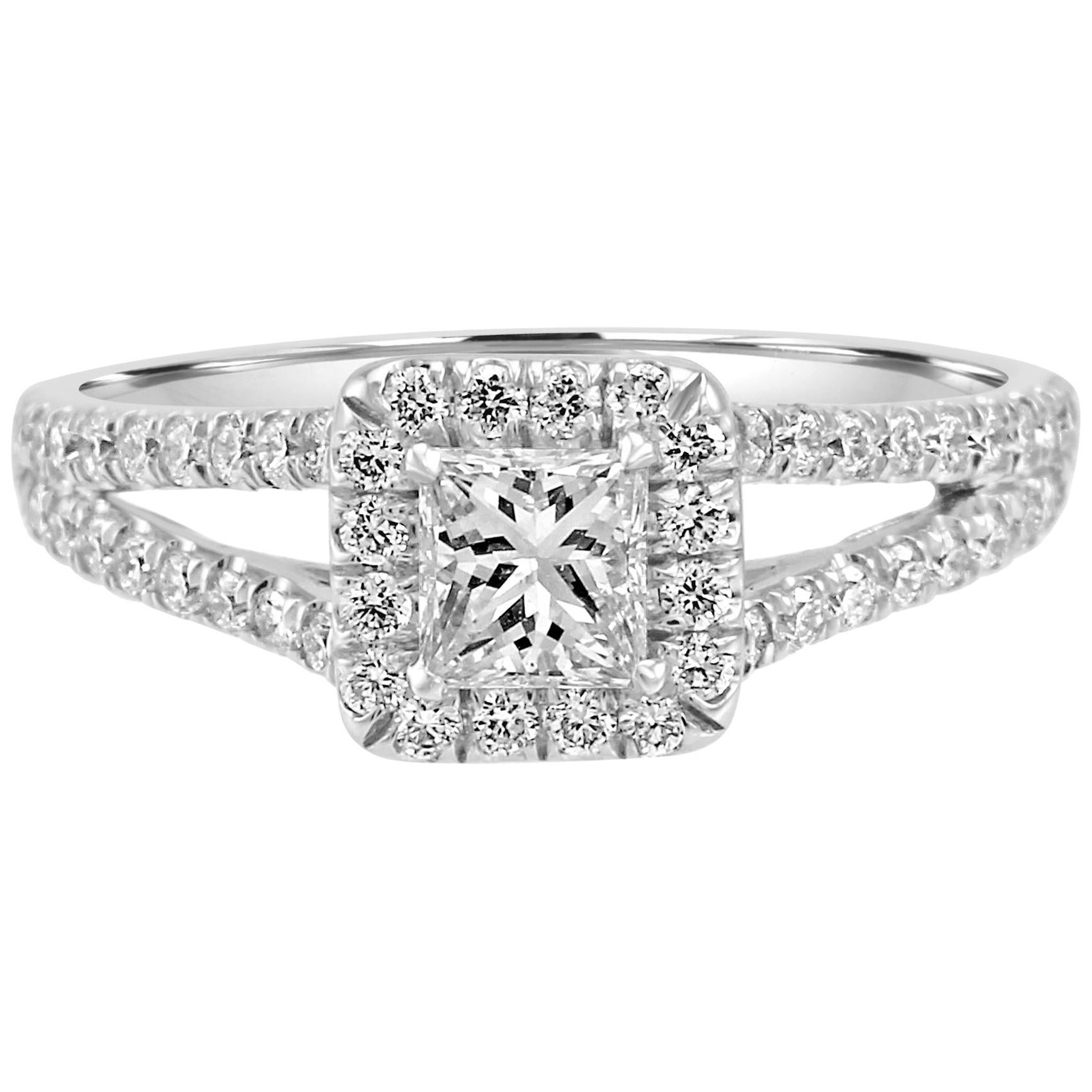 Princess Cut Diamond Halo Split Shank White Gold Bridal Engagement ...