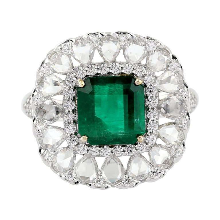 Princess Cut Emerald Ring with Diamonds Around in 18K White Gold at 1stDibs