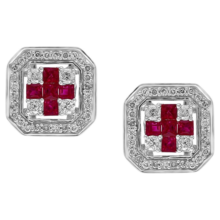 Princess Cut Natural Ruby and Diamond Stud Post Earrings 14 Karat White ...