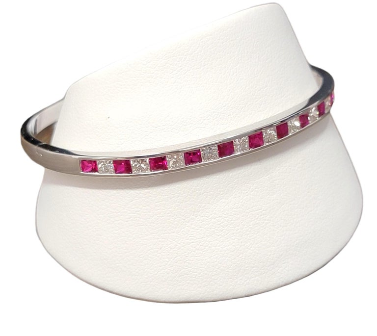Princess Cut Ruby and Diamond Oval Hinged Bangle Bracelet in 18 Karat ...