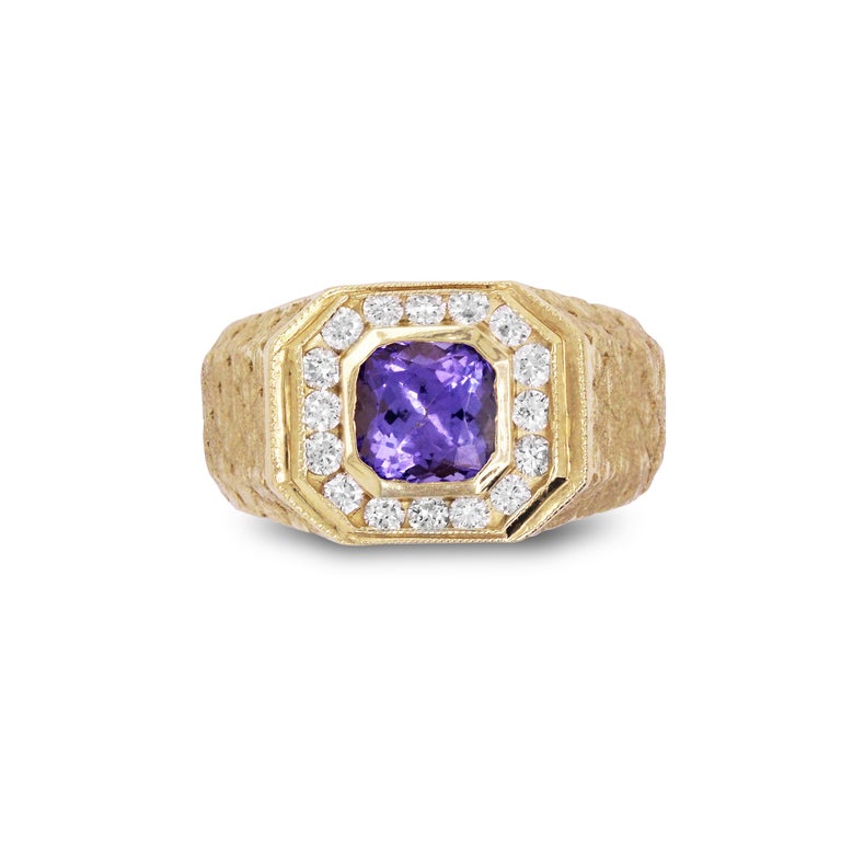 Princess Cut Tanzanite and Diamond Yellow Gold Men’s Ring at 1stDibs